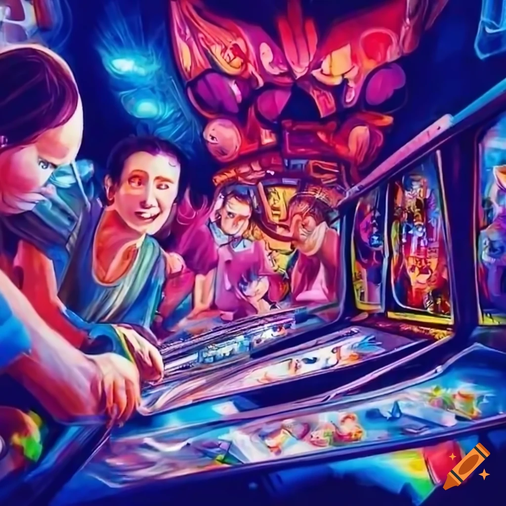 Group of people enjoying pinball machine on Craiyon