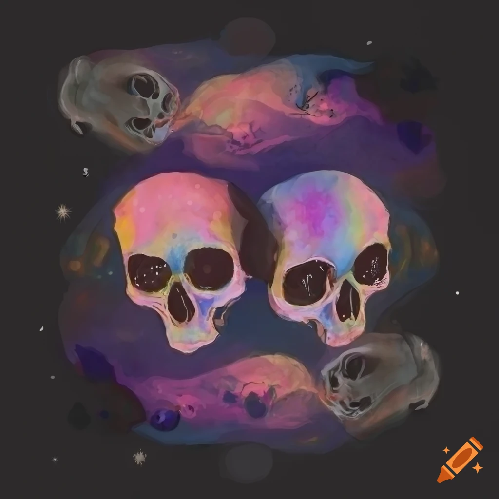 Pastel abstract artwork with floating skulls