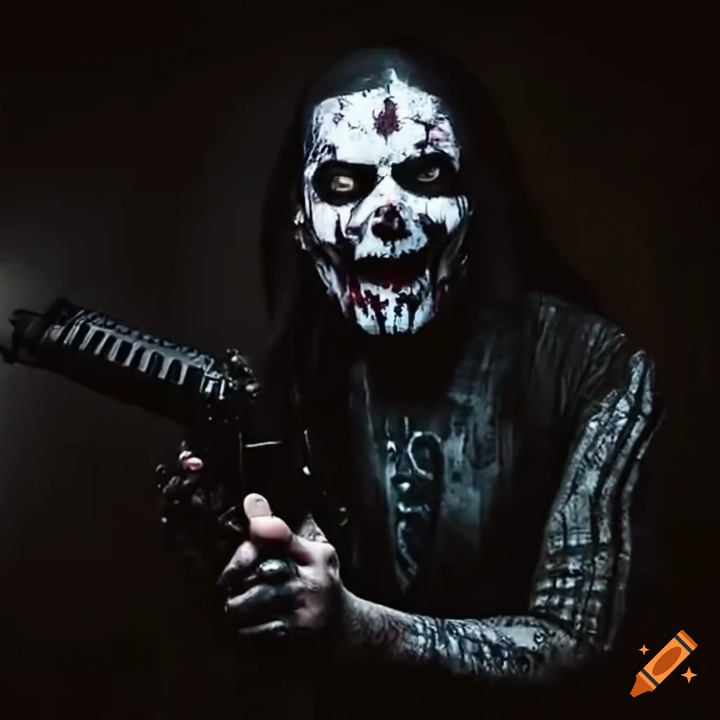 Metal singer with corpse paint holding a gun in destroyed city
