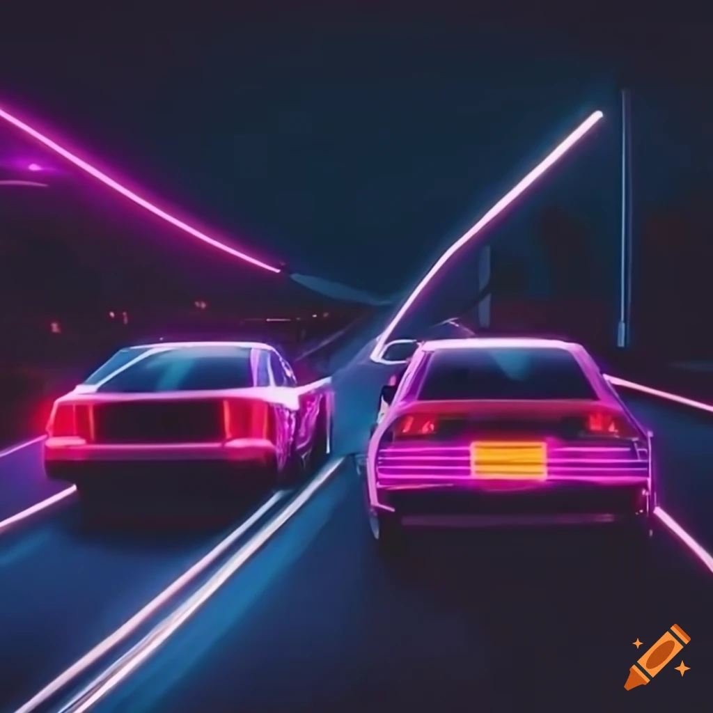 Synthwave cars speeding on a highway at night on Craiyon