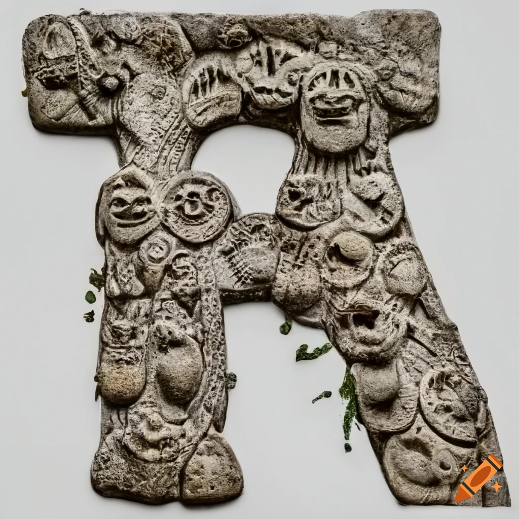 Engraved stone letter 'm' with etruscan masks