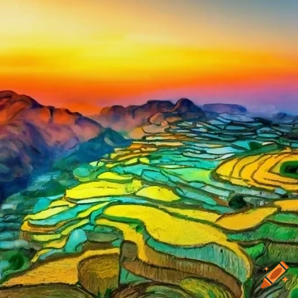 Vibrant artwork of colorful rice terraces on Craiyon