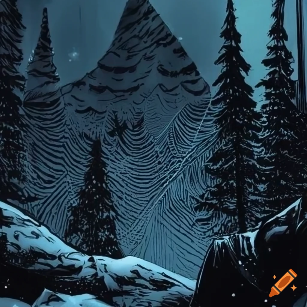 Image of a norwegian mountain from a noir graphic novel on Craiyon