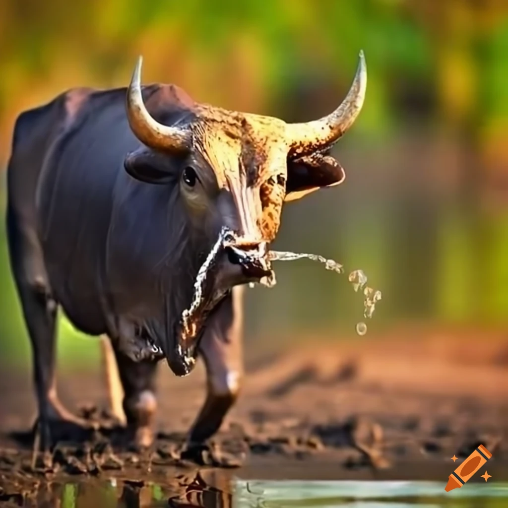 Illustration of an ox and a frog near a reedy pool on Craiyon