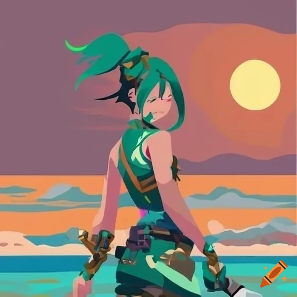 Sage valorant game character enjoying sunset beach