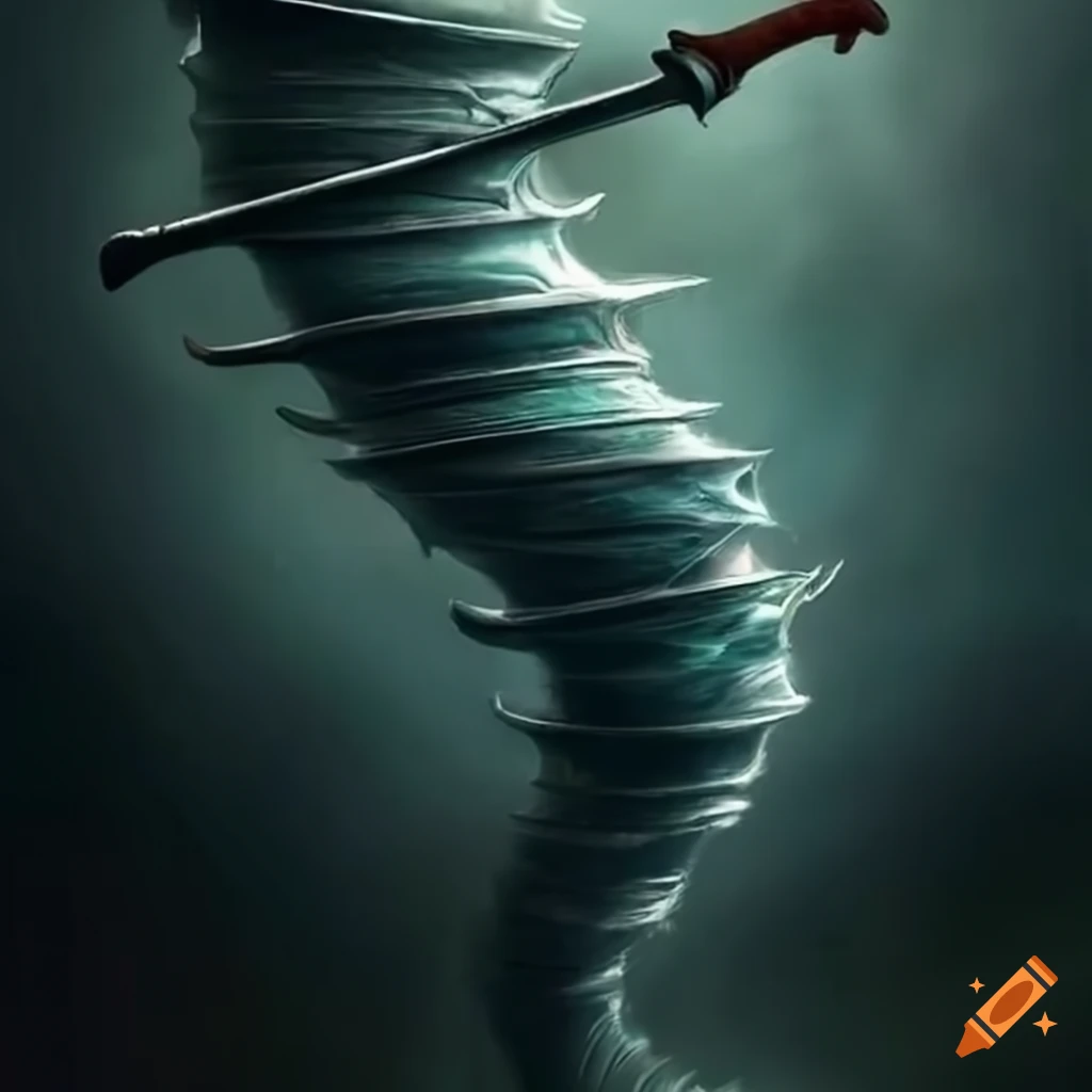 Illustration of a tornado made of swords and axes on Craiyon