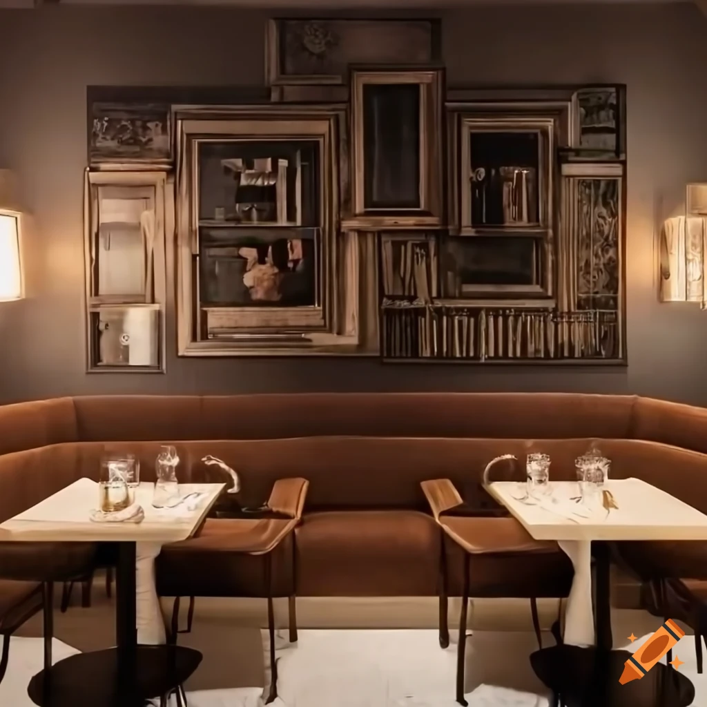 Charming restaurant interior with cream, brown, and black tones on Craiyon
