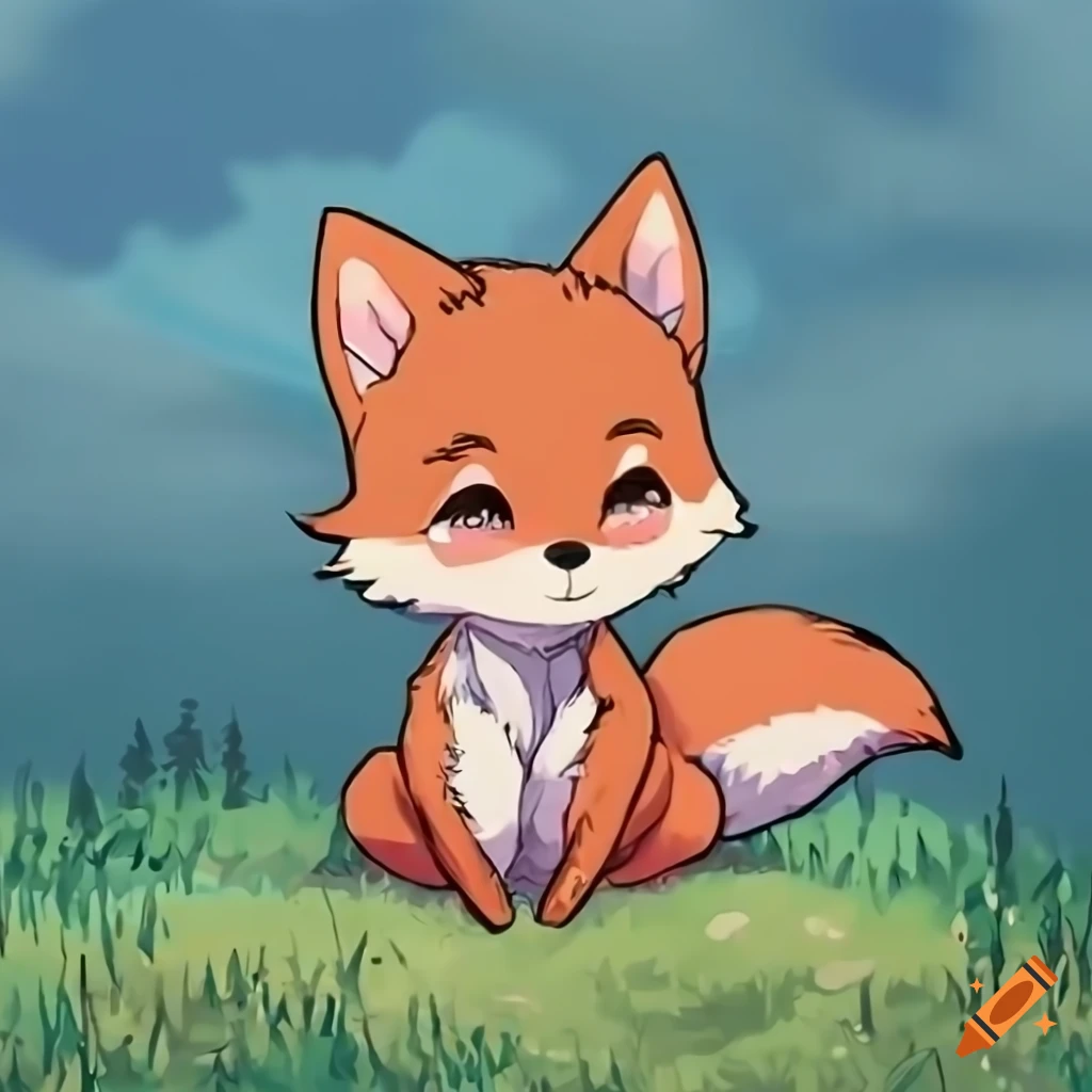 Chibi fox smiling in a scenic countryside on Craiyon