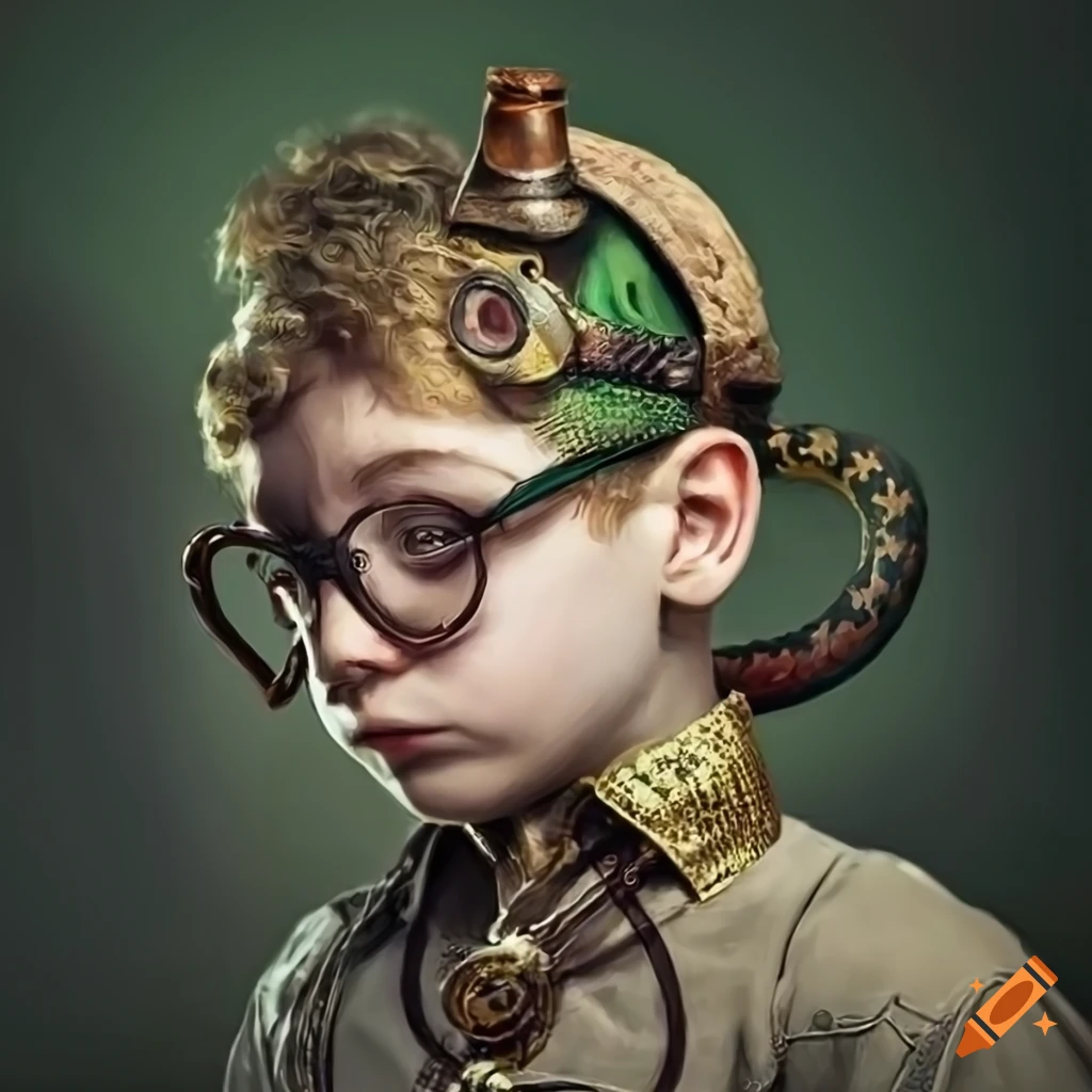 Steampunk-style portrait of a young snake boy