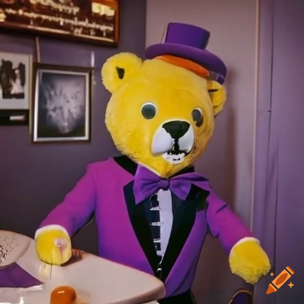 Retro yellow bear mascot in a tuxedo at a diner on Craiyon