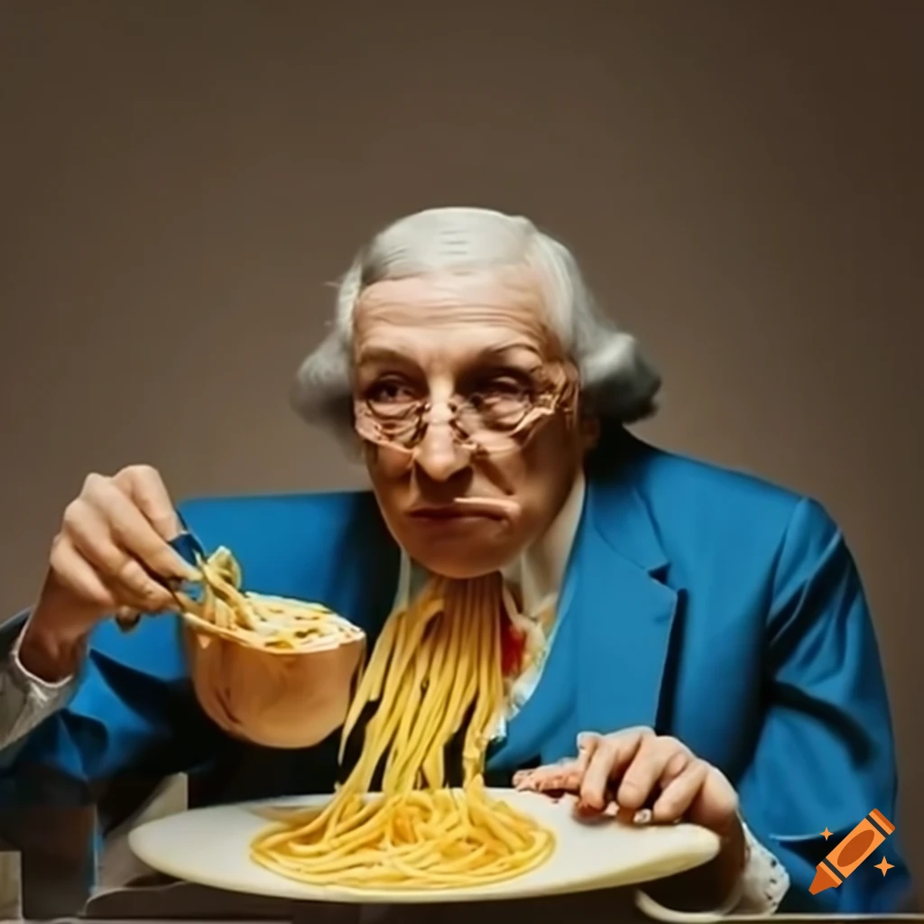 Satirical depiction of the founding fathers eating spaghetti on Craiyon