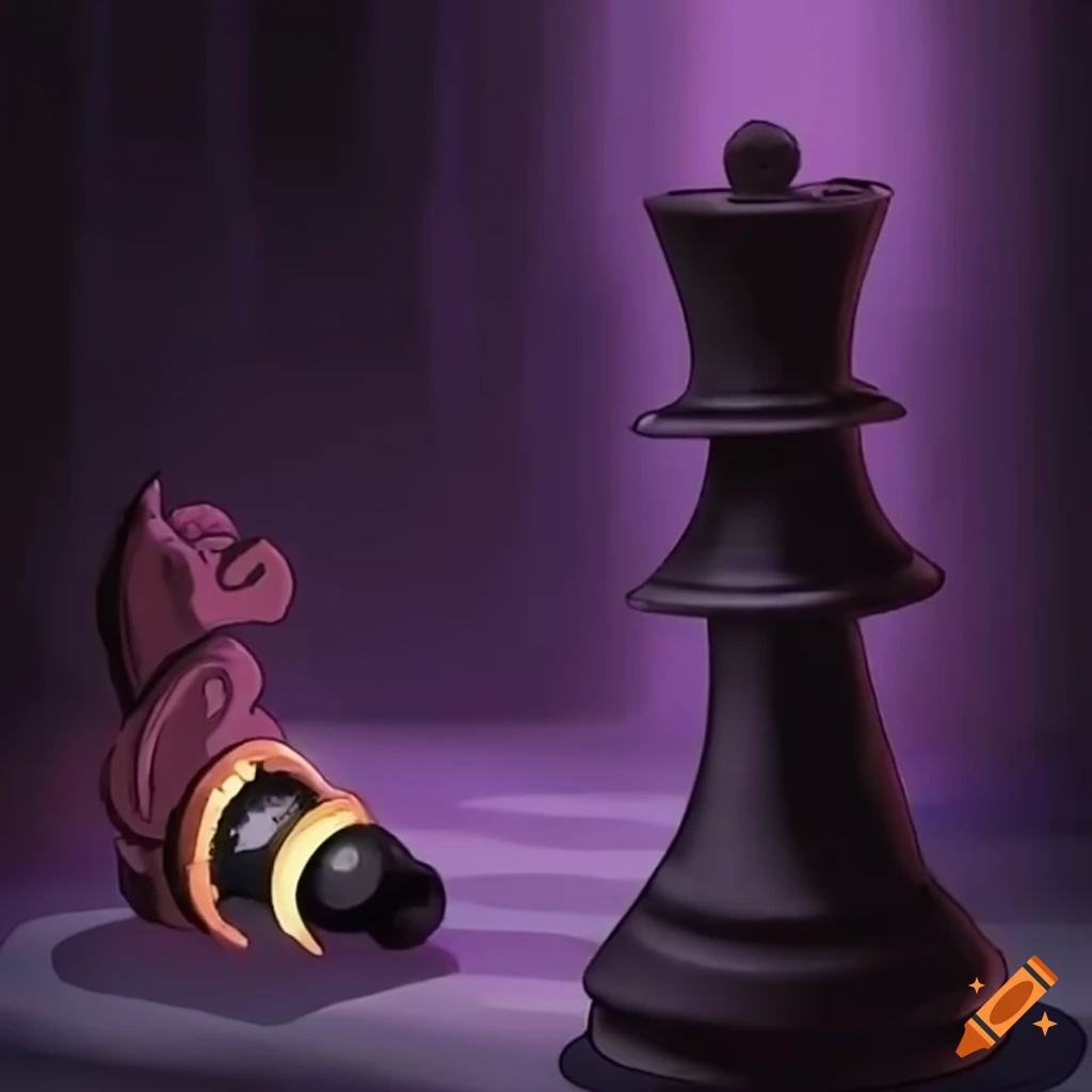 Intense chess match with a black pawn and a purple knight on Craiyon