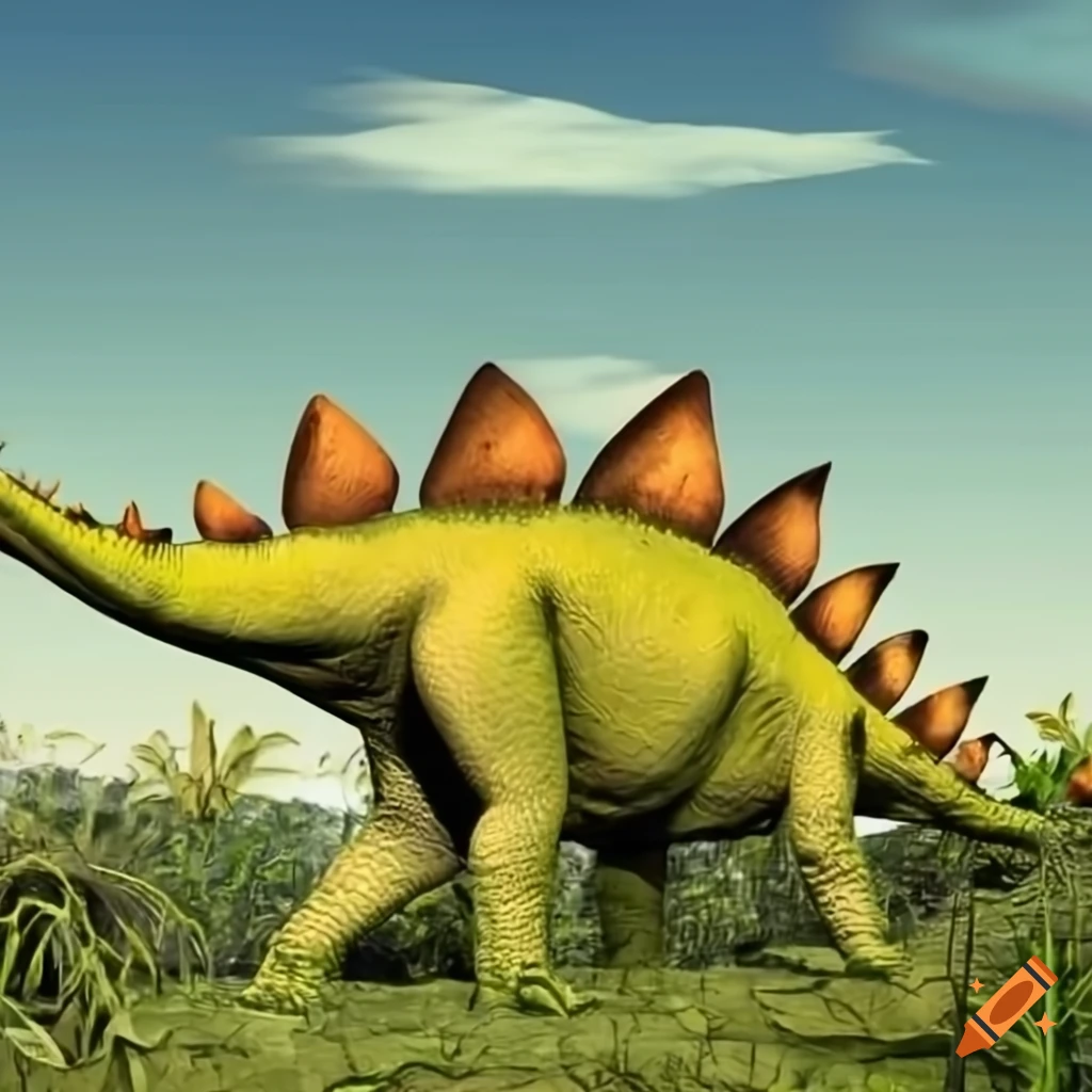 Yellow stegosaurus in tall sunny vegetation on Craiyon