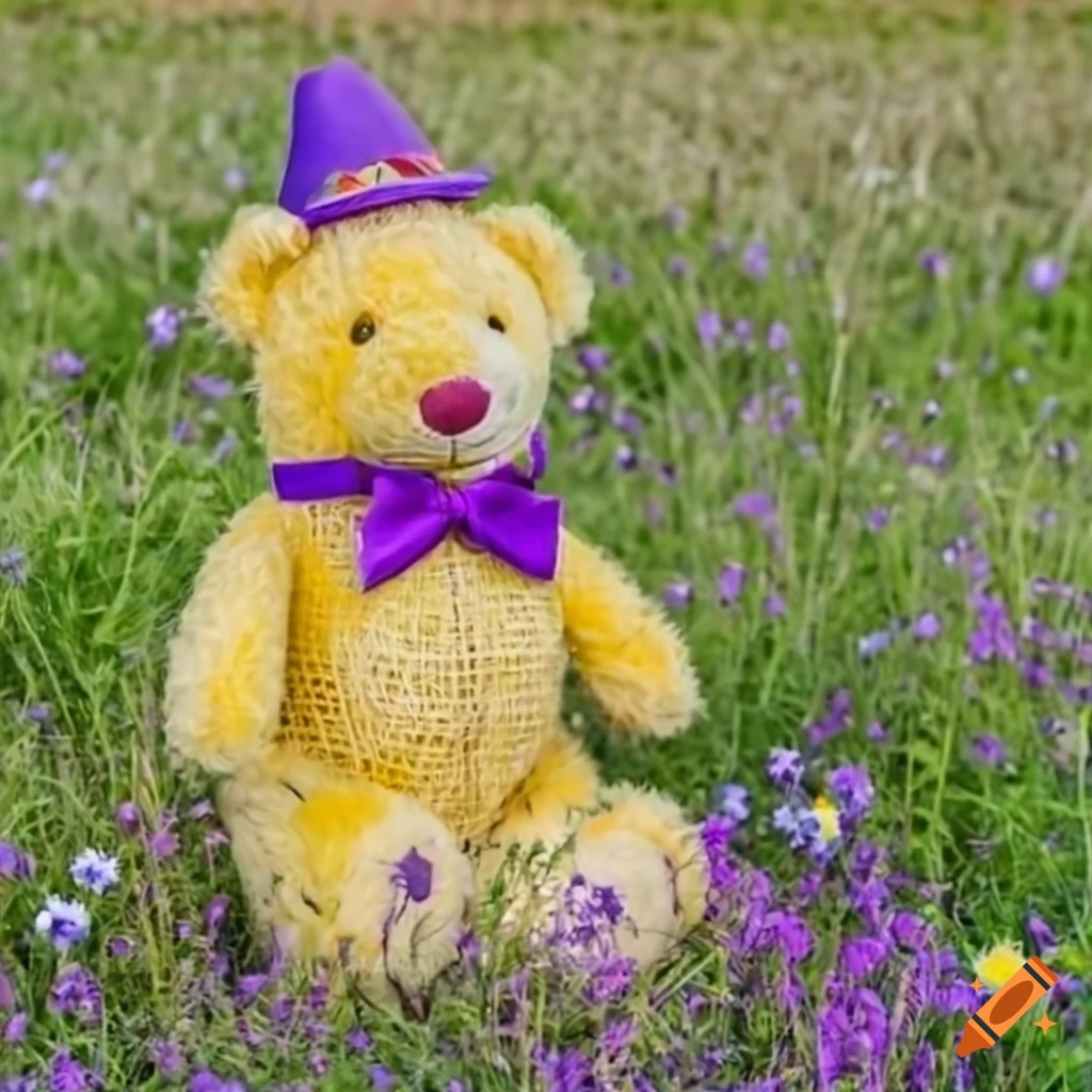 Adorable yellow bear with a purple hat in a flower field on Craiyon