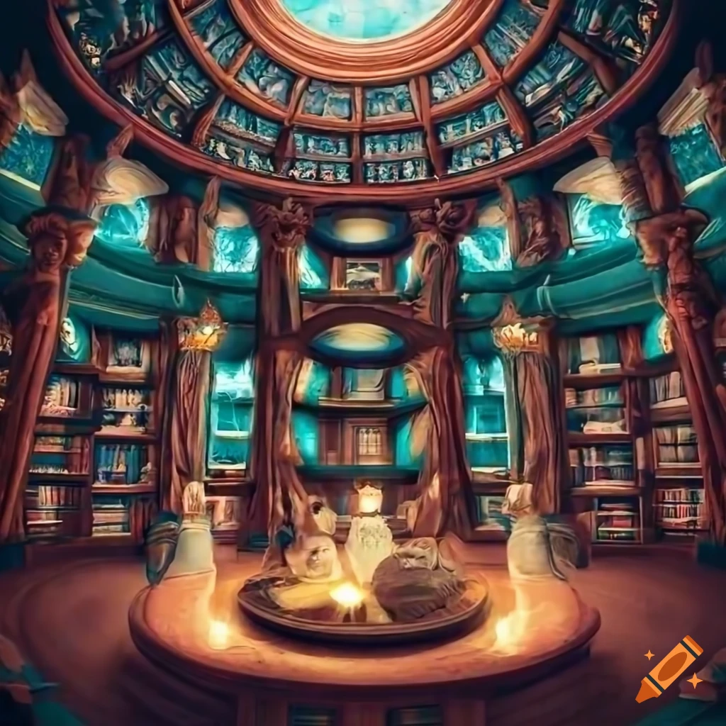 Fantasy forest library with scholars studying ancient artifacts on Craiyon