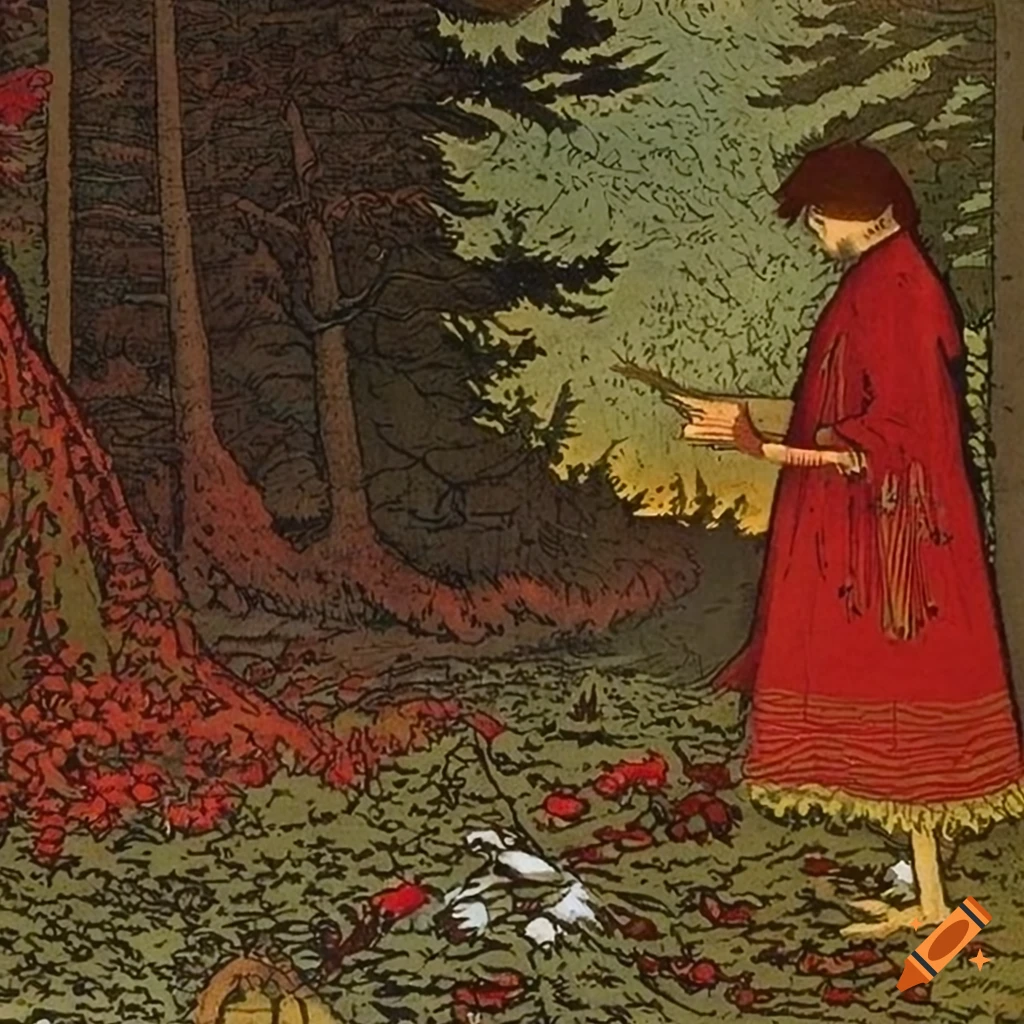 Illustration of avian forest scene with snow and red accents