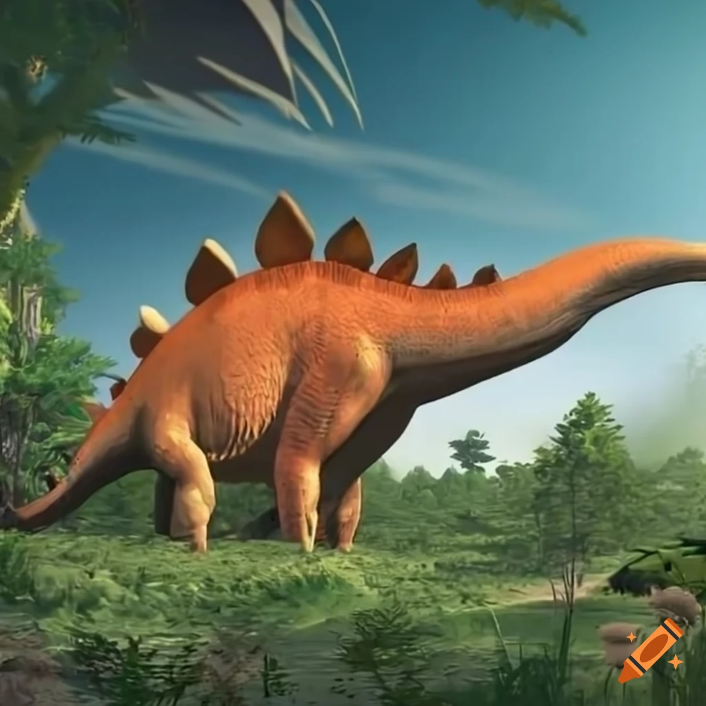 Image of a giant orange stegosaurus in wild vegetation on Craiyon