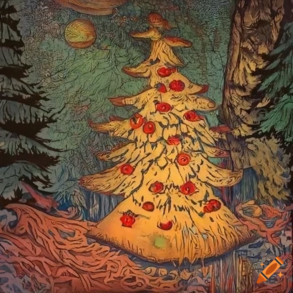 Festive christmas forest scene with native salish and russian fairytale ...