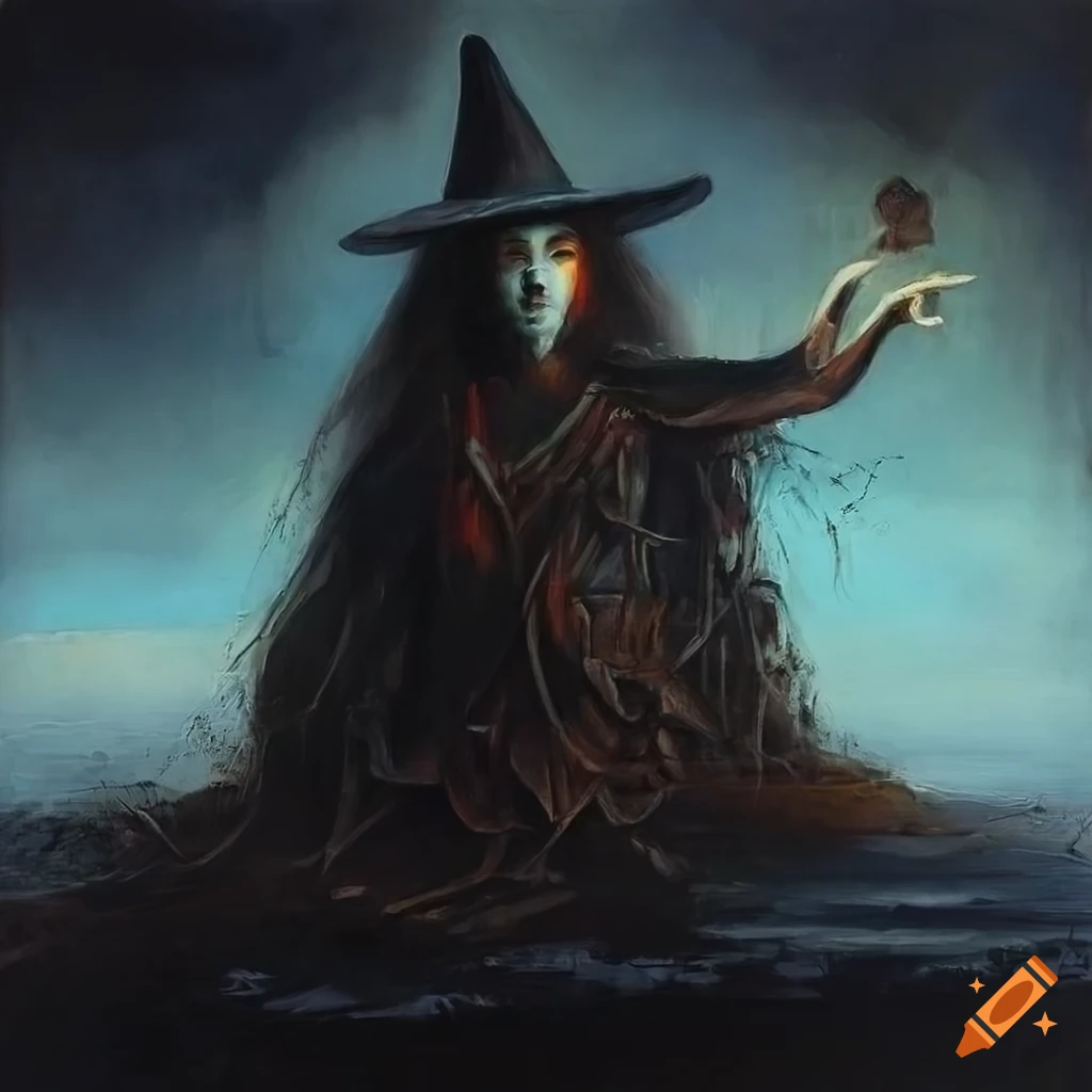 Dark oil painting of a levitating witch over a farm house on Craiyon