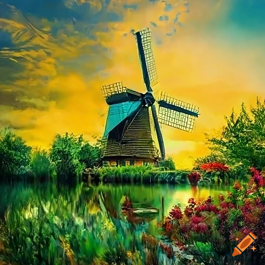 Vibrant abstract painting of a Dutch windmill and lush garden on Craiyon