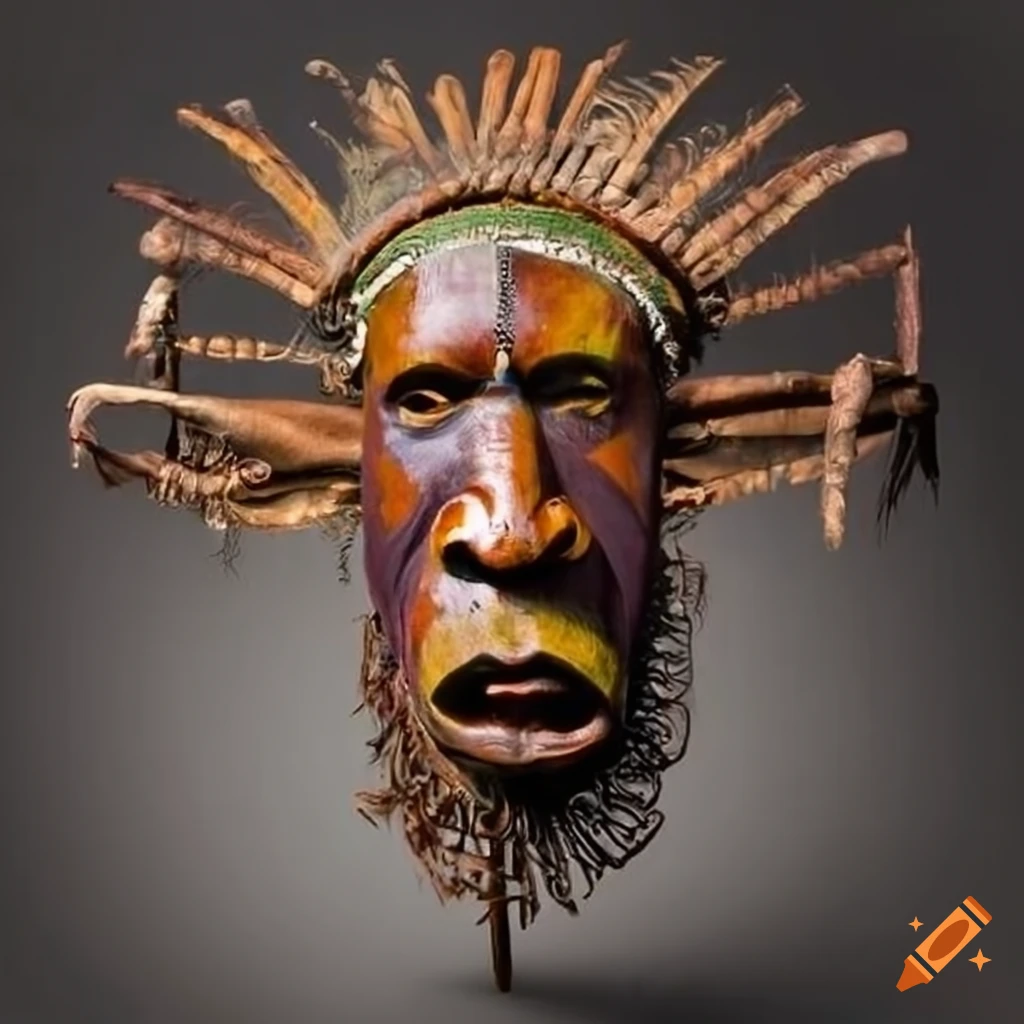 African fantasy mask in architectural carving style with intricate ...