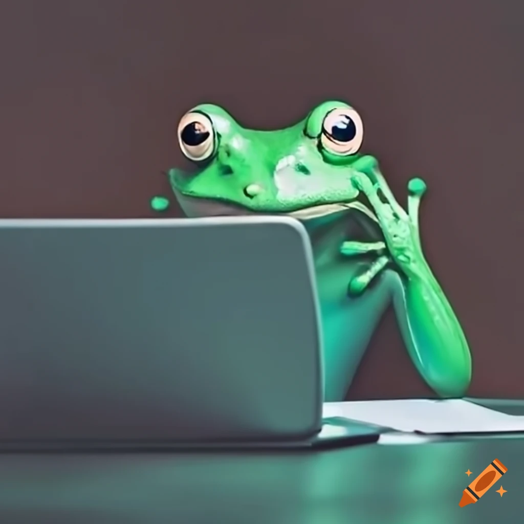 Frog working on a laptop in the office