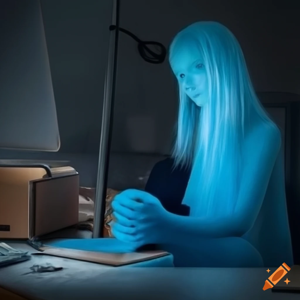 Realistic blue ghost girl at a desk on Craiyon