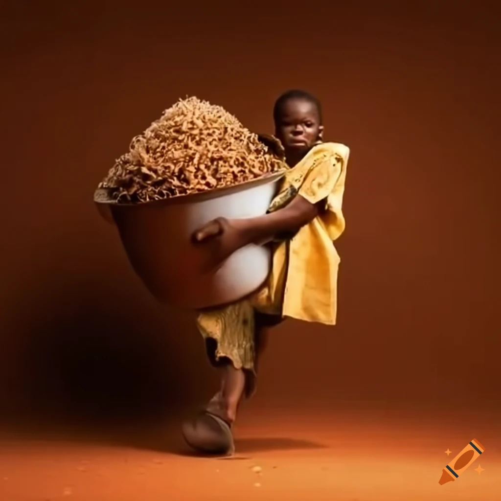 African man chasing a boy with a bowl of rice on Craiyon