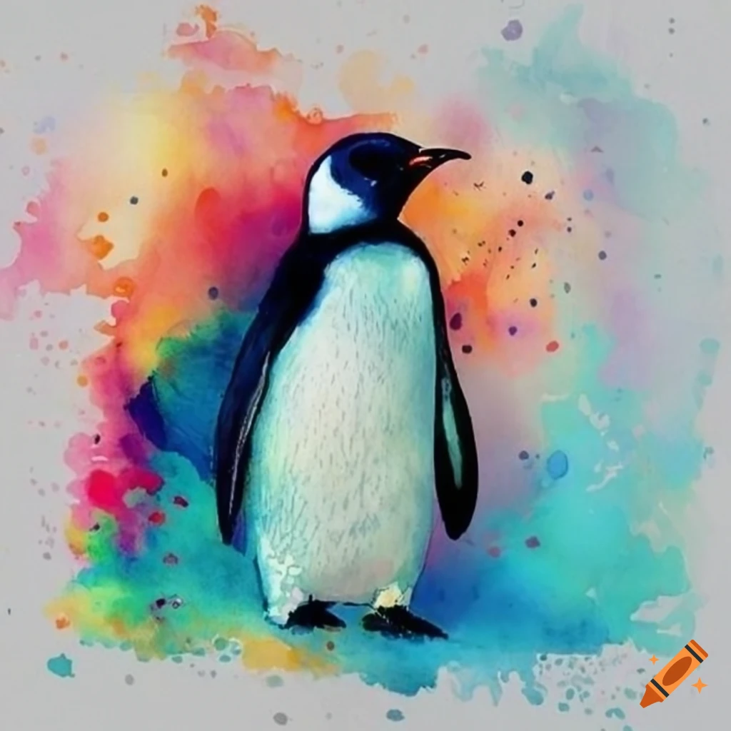Watercolor splash art of a penguin on Craiyon
