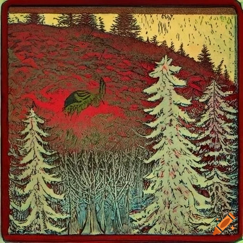 Illustration of a forest scene with native salish and russian fairytale motifs on Craiyon