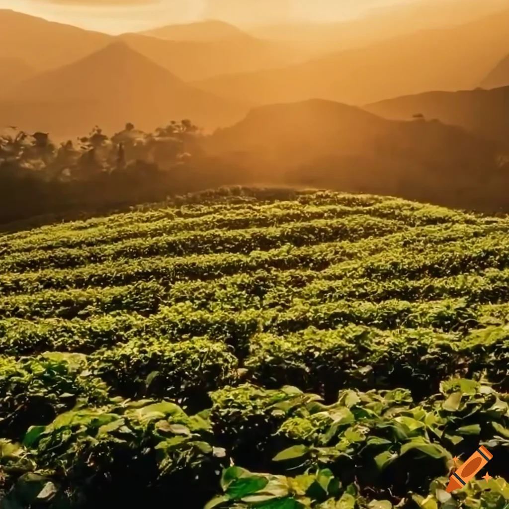 Hyper-realistic landscape of coffee plantation at golden hour on Craiyon