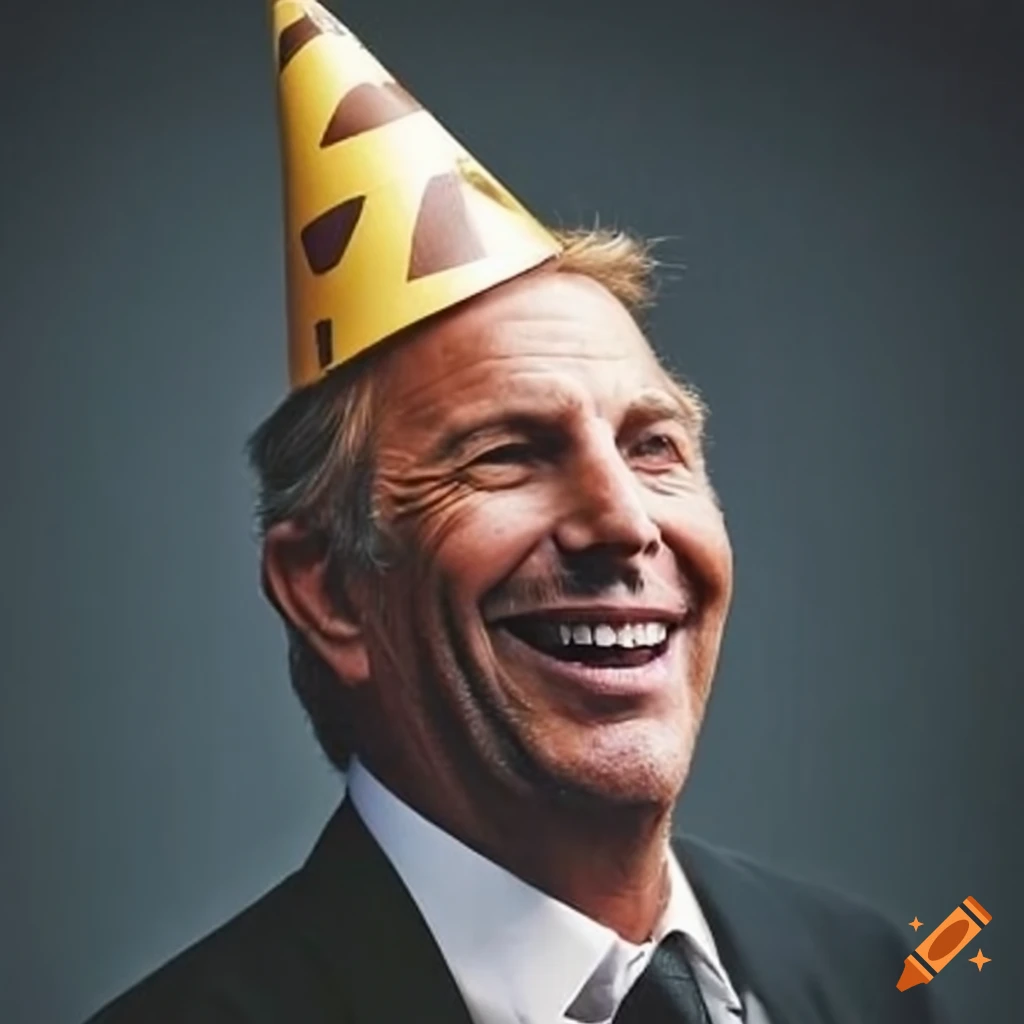 Kevin costner smiling with a party hat