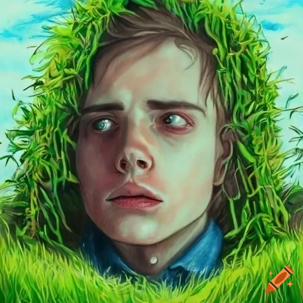 Colored pencil drawing of a young man emerging from the ground on Craiyon