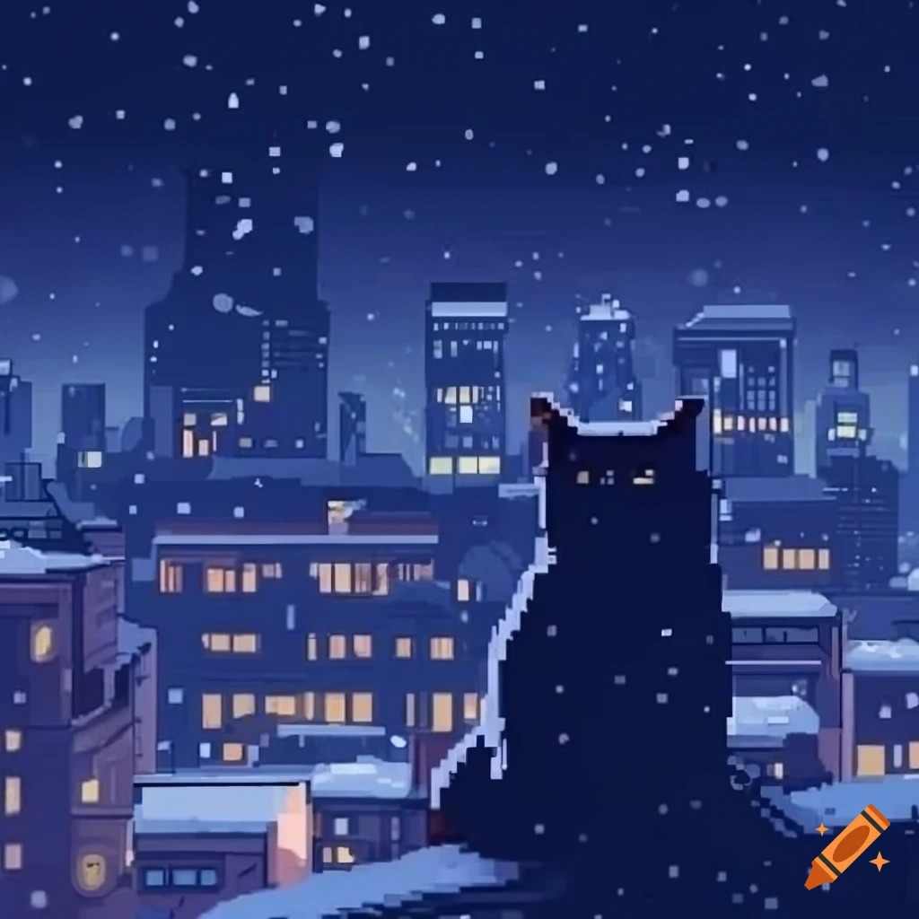 Pixel art of a cat overlooking a snowy city at night on Craiyon