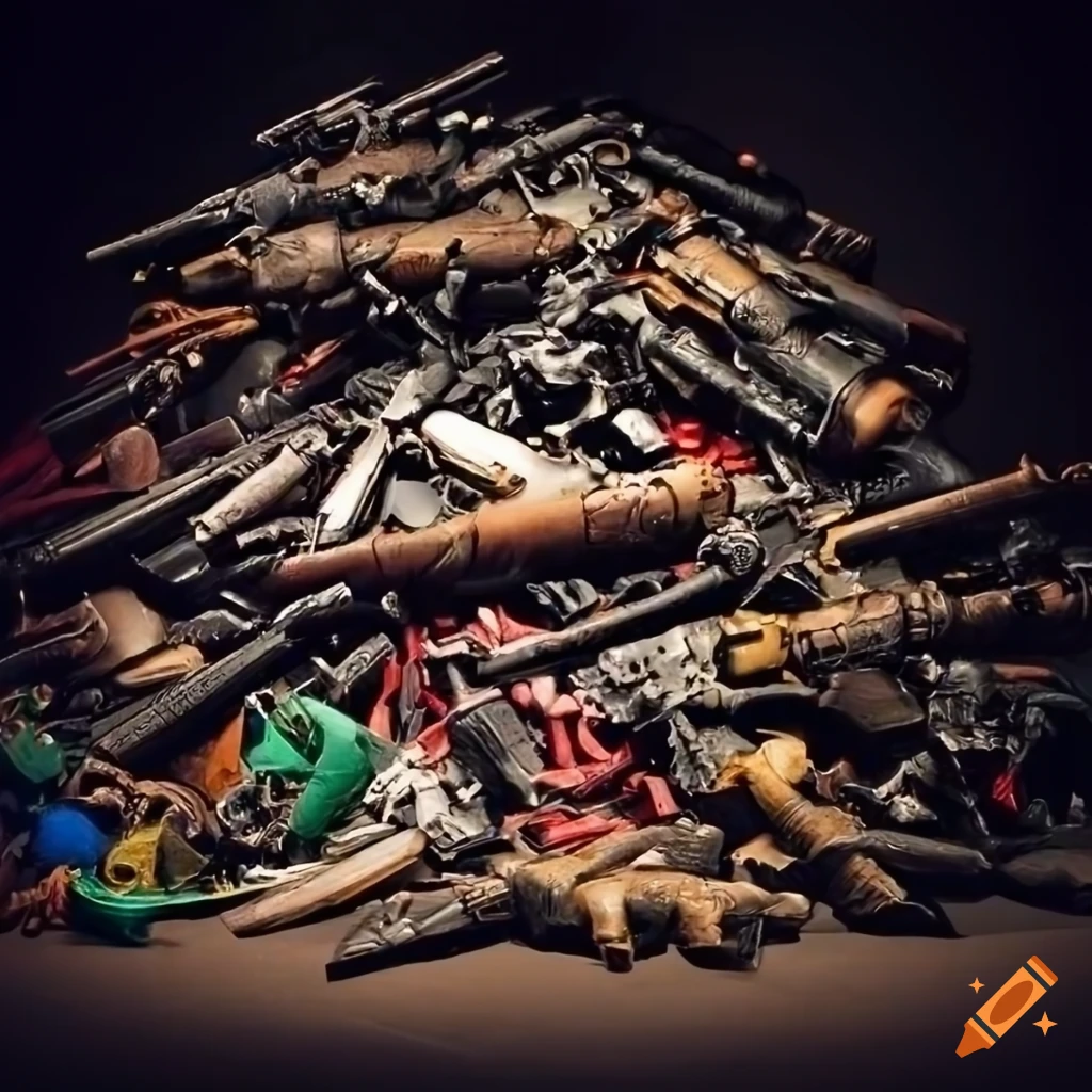 Sculpture of a pile of weapons and toys on Craiyon