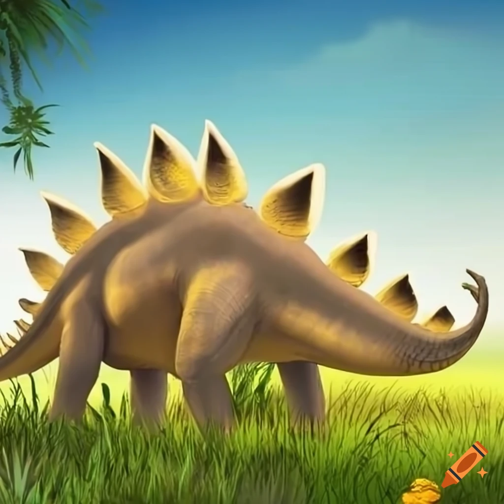 Image of a large stegosaurus in tall vegetation