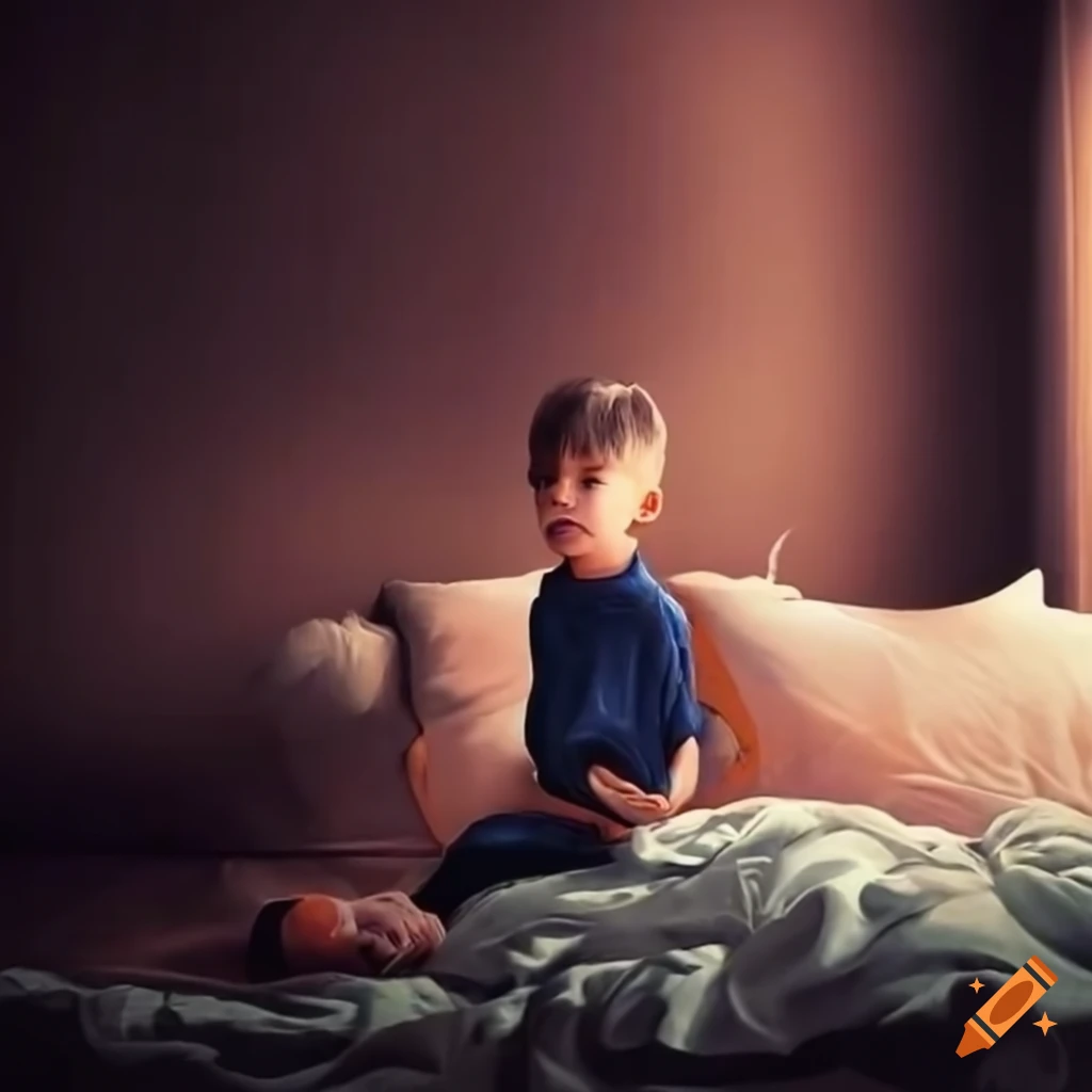 Interior of a room with a boy waking up