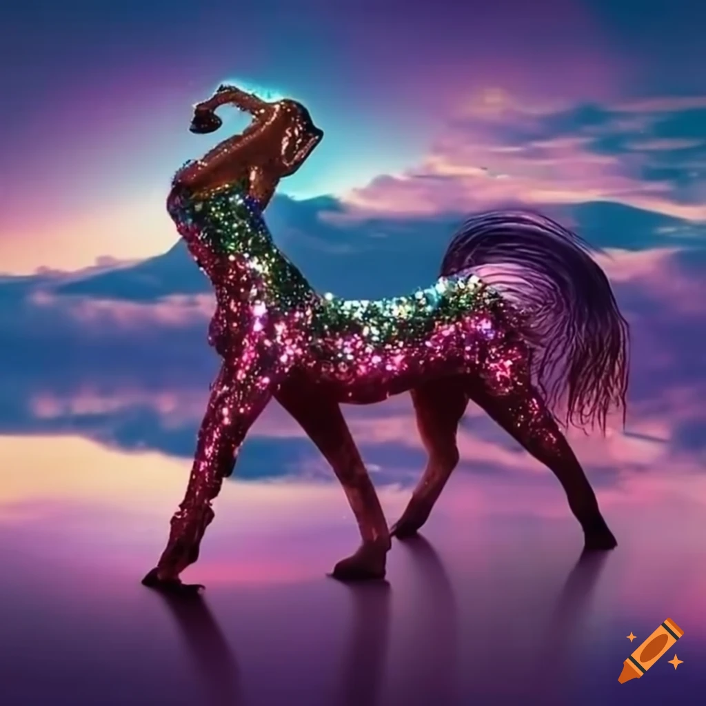 Sequin covered centaurs at sunset over the ocean