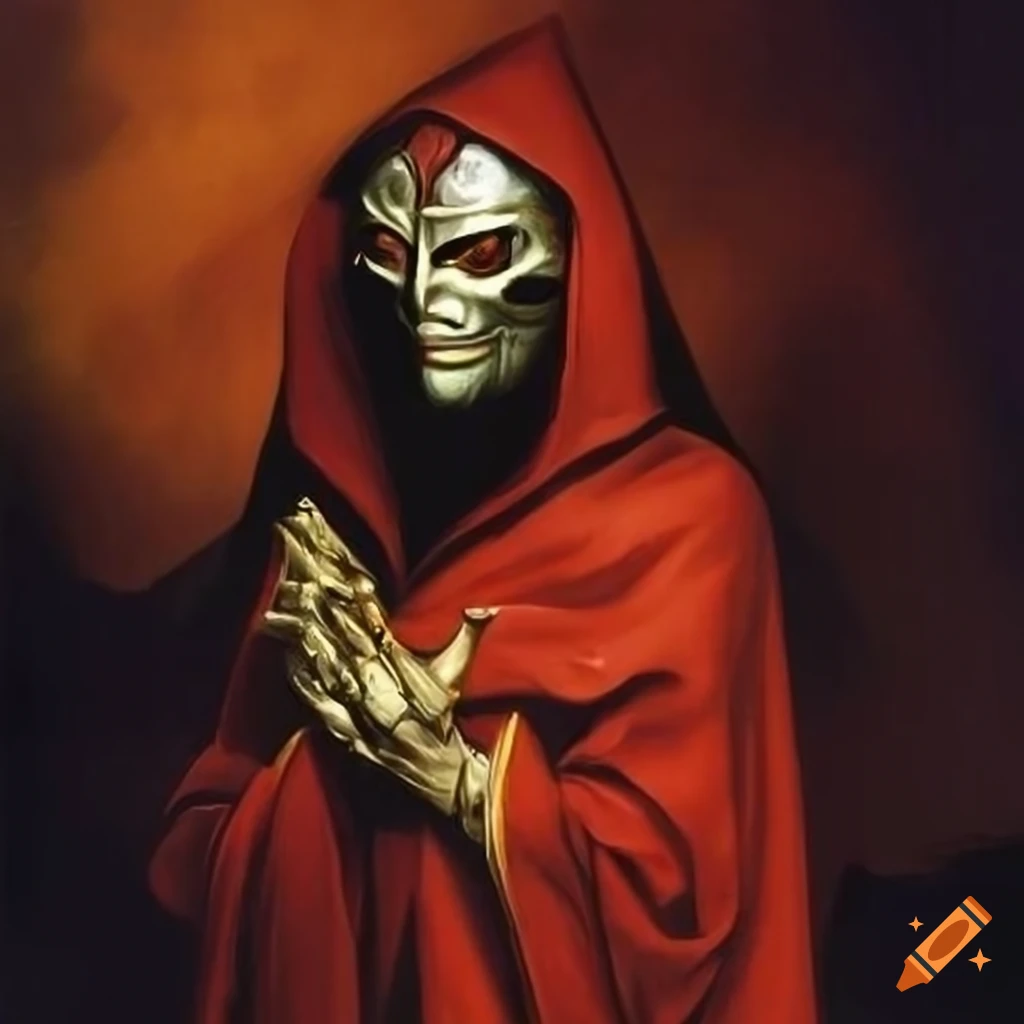 Dark priest in red robe with golden mask, fantasy art on Craiyon