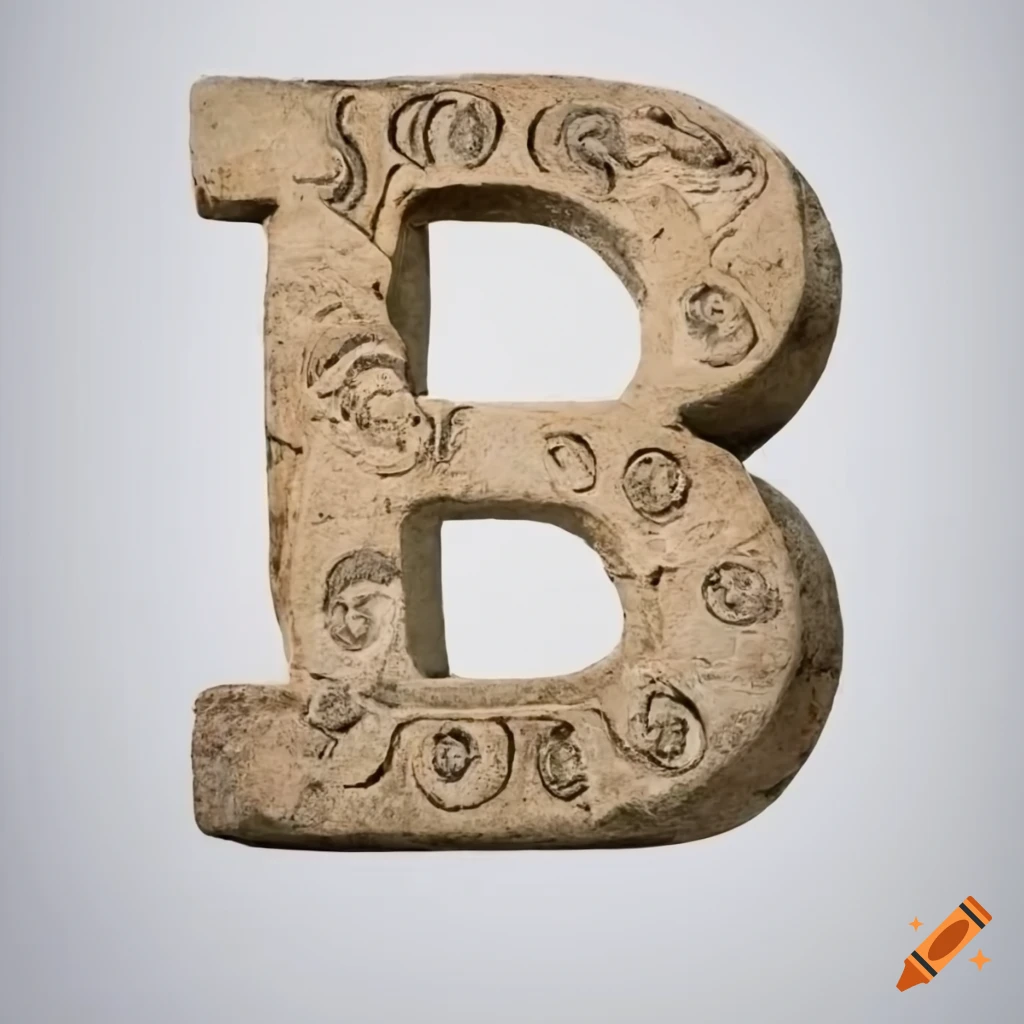 White background with an engraved etruscan stone letter "m"