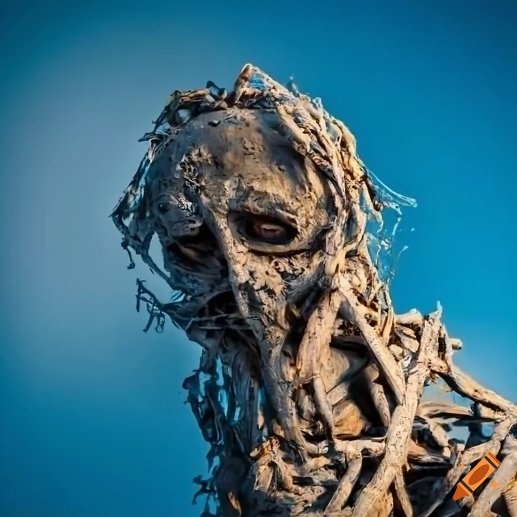 Close-up of a distorted sculpture in a destroyed landscape on Craiyon