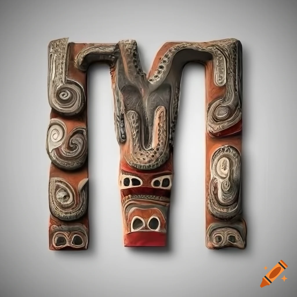 Ultra-realistic sculpture of stone letter "M" with Kwakiutl masks on ...