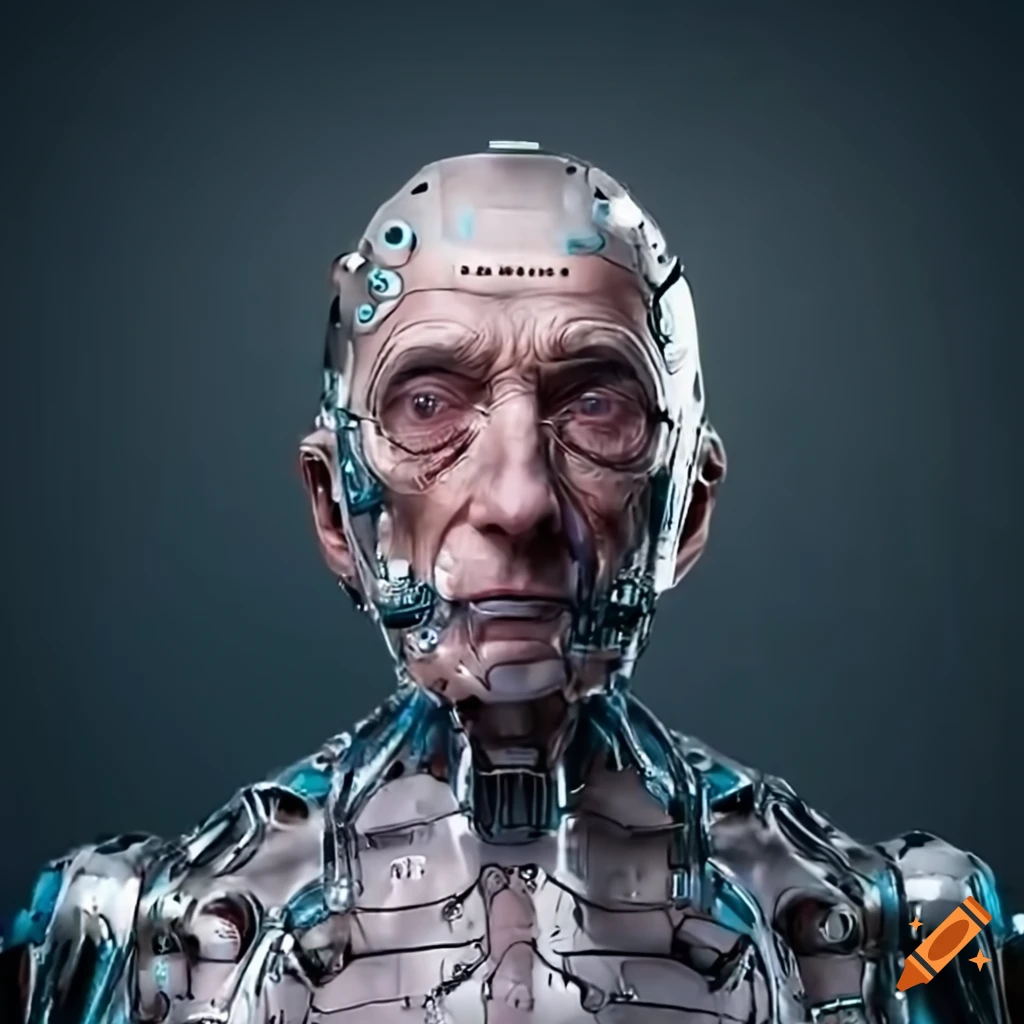 Portrait of an elderly cyborg with metallic enhancements on Craiyon