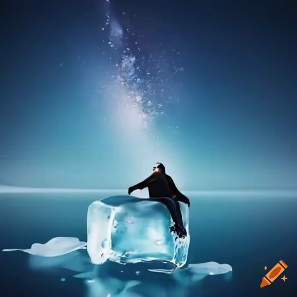 Person sitting on an ice cube in the distance
