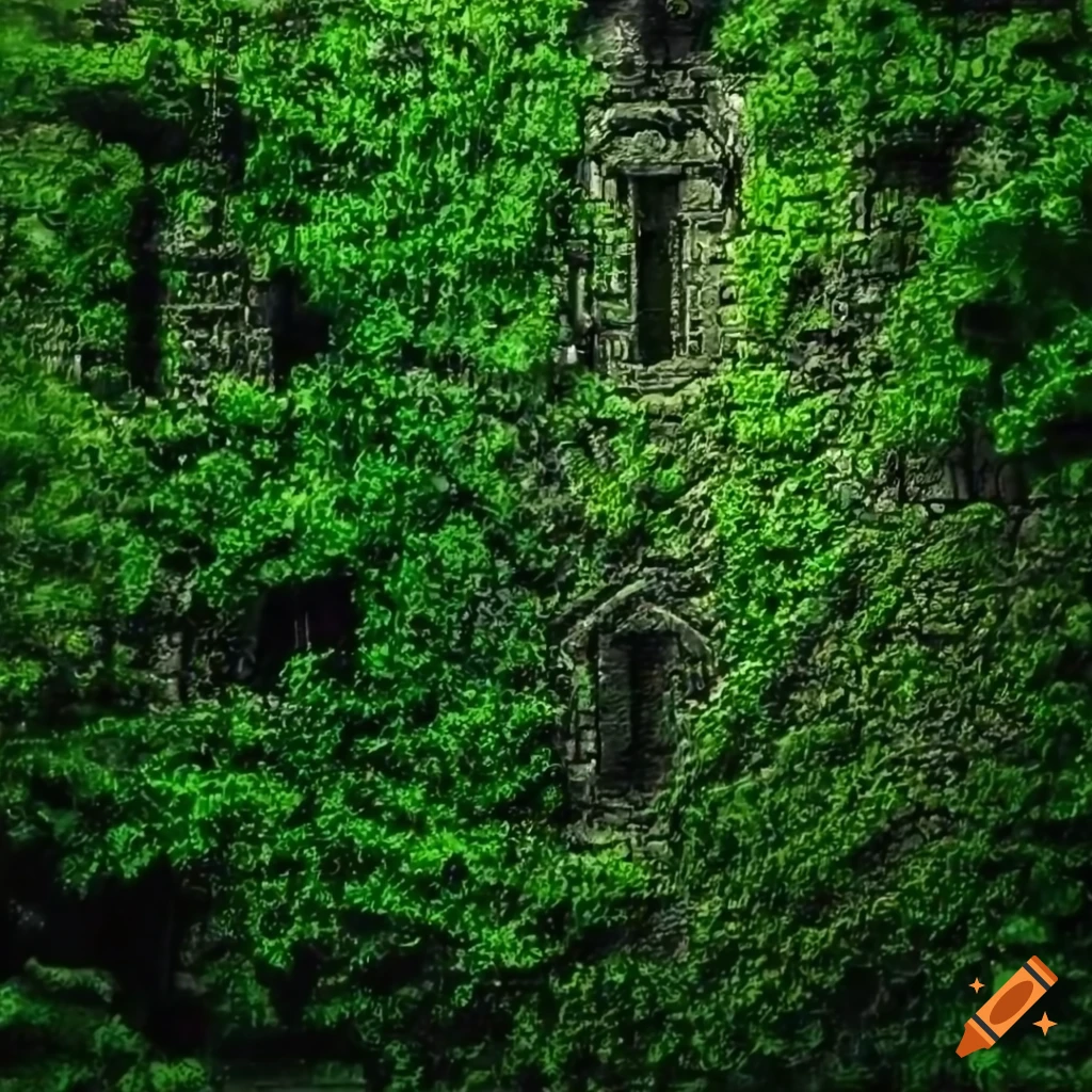 2D game with alien creature in wet overgrown ruins on Craiyon