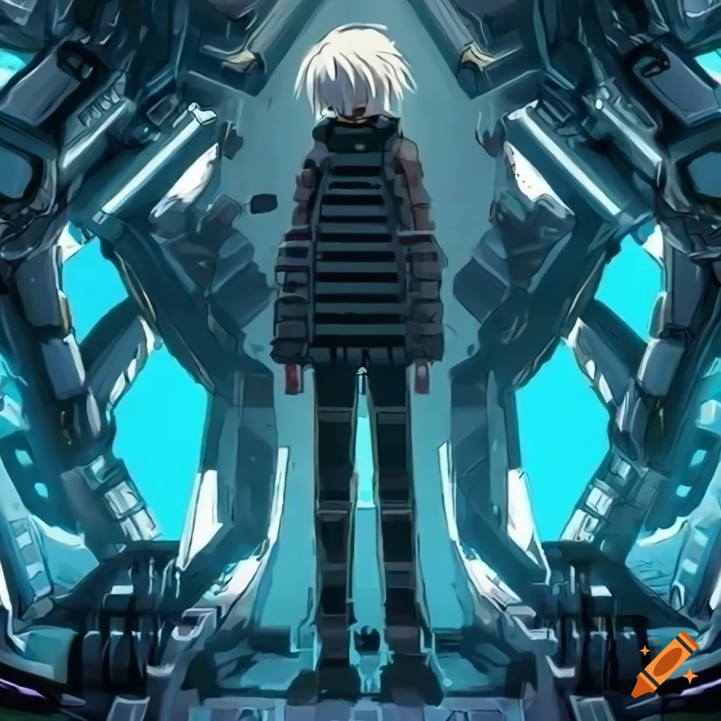 Anime boy inside a high-tech mech in sci-fi background
