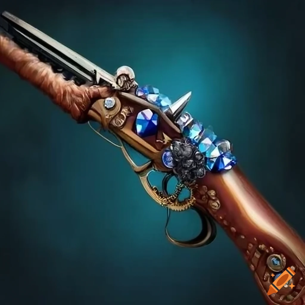 Steampunk-inspired arquebus with blue gems on Craiyon