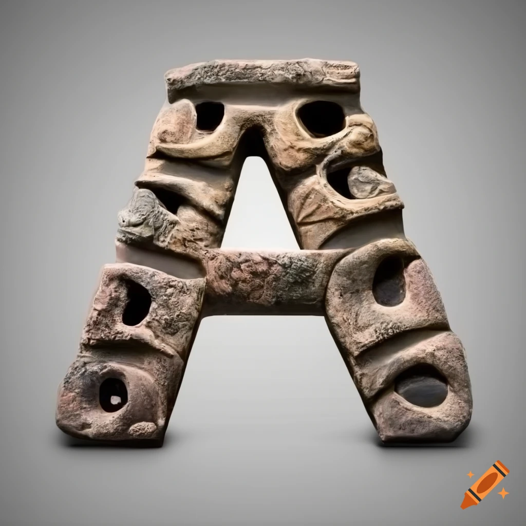 Engraved stone letter "m" with etruscan masks