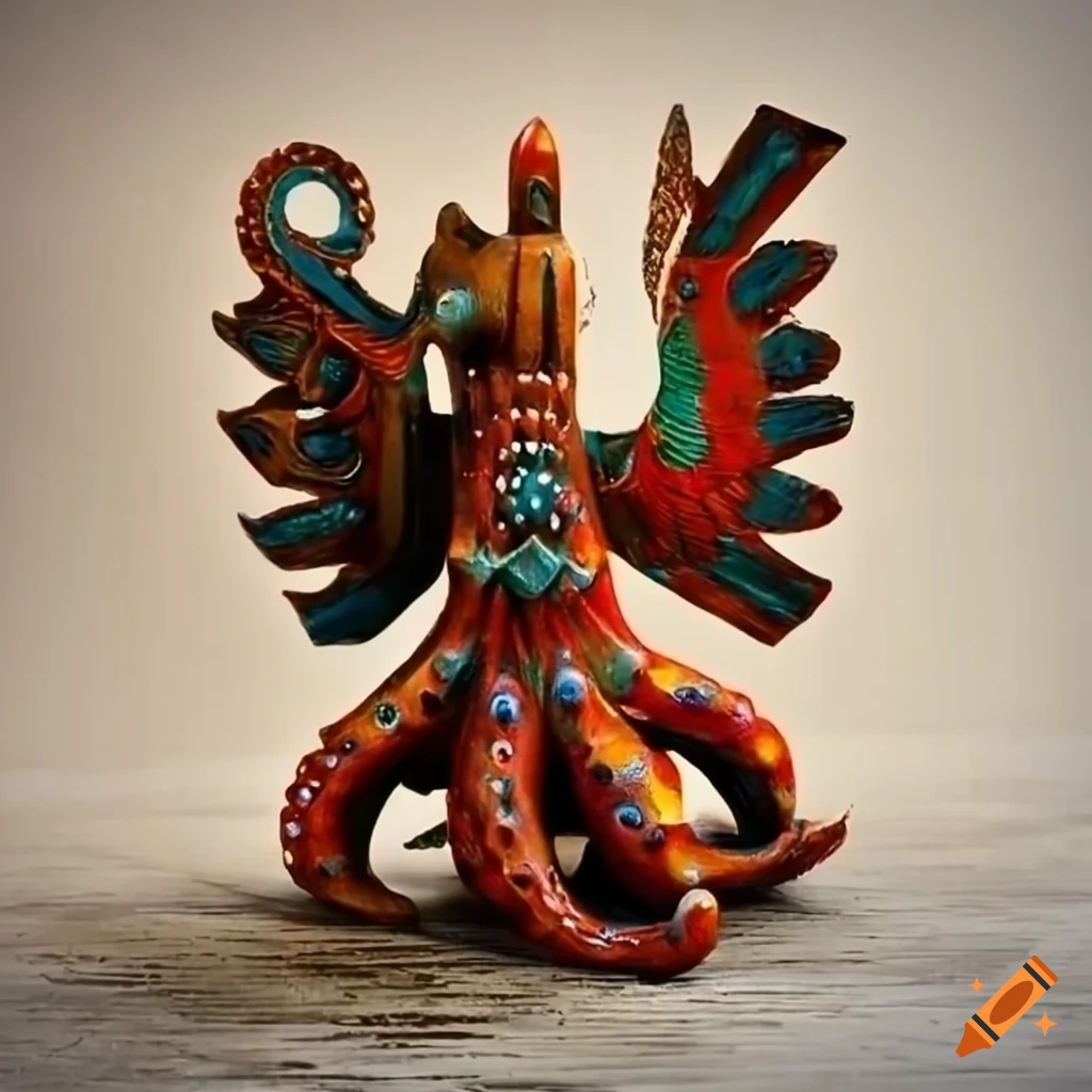 Colorful wooden statue of a winged armoured octopus