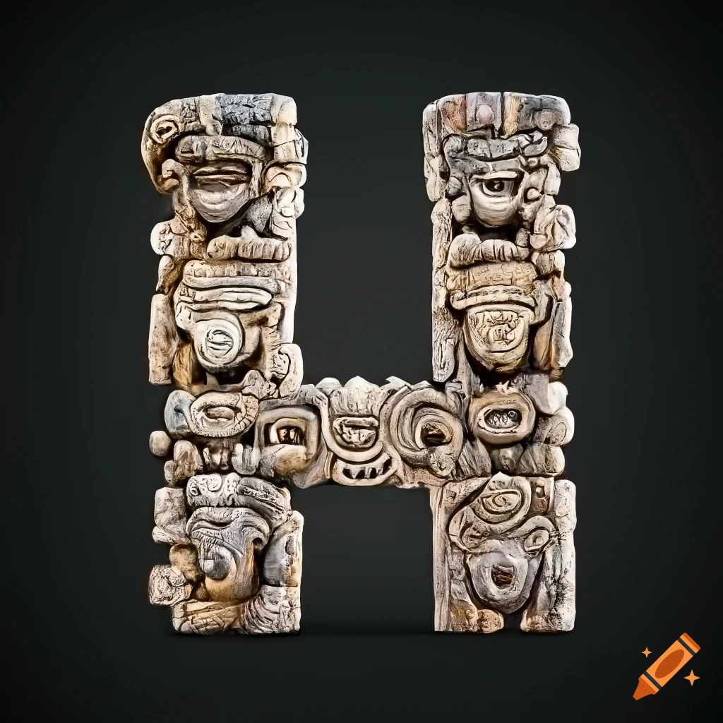 Realistic stone letter 'm' with mayan masks on Craiyon